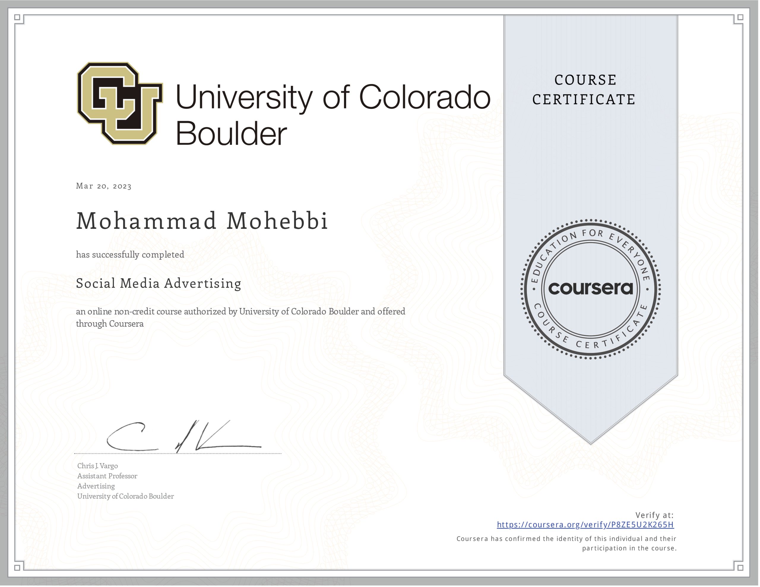 Certification - Mohammad Mohebbi